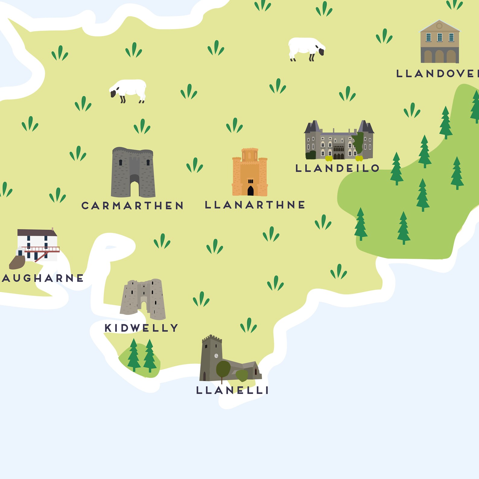 Carmarthenshire Map Illustrated Map of Carmarthenshire Print - Etsy UK