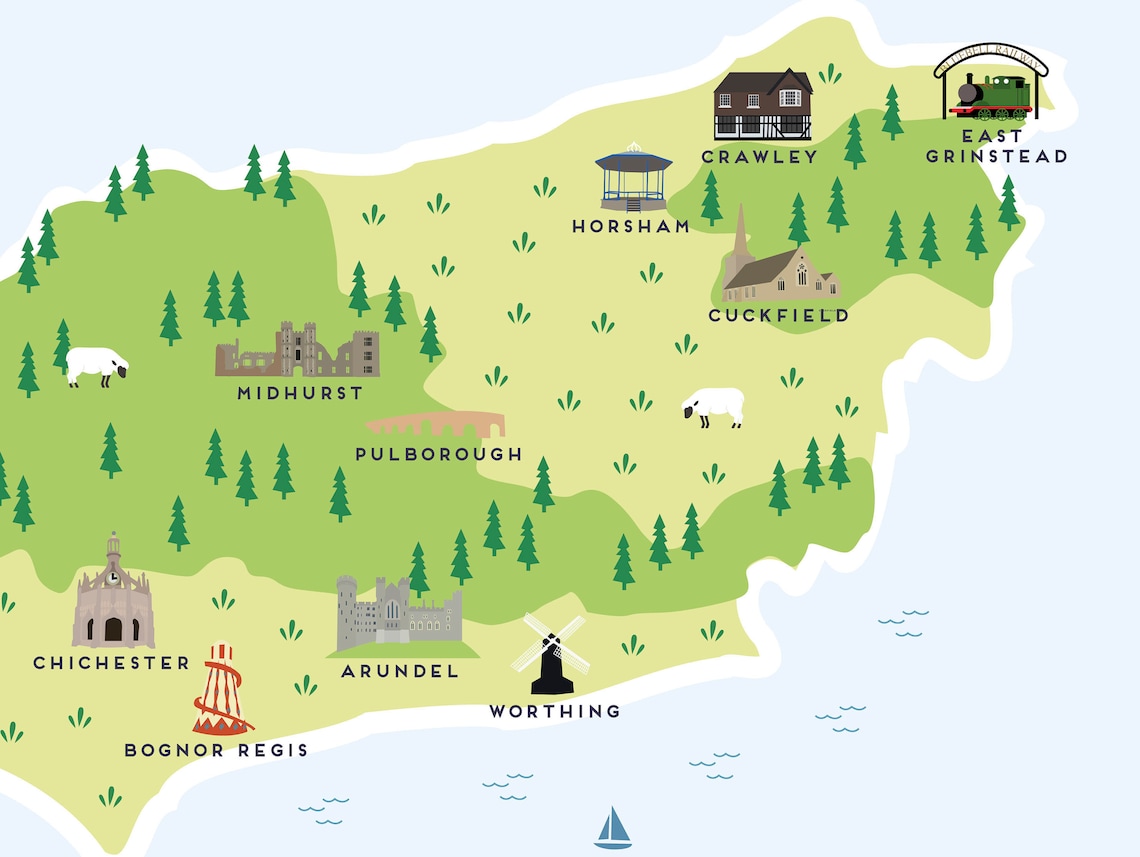 West Sussex Map Illustrated Map Of West Sussex Print Etsy Uk