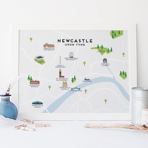 Newcastle Upon Tyne Map Illustrated Map of Newcastle Upon | Etsy