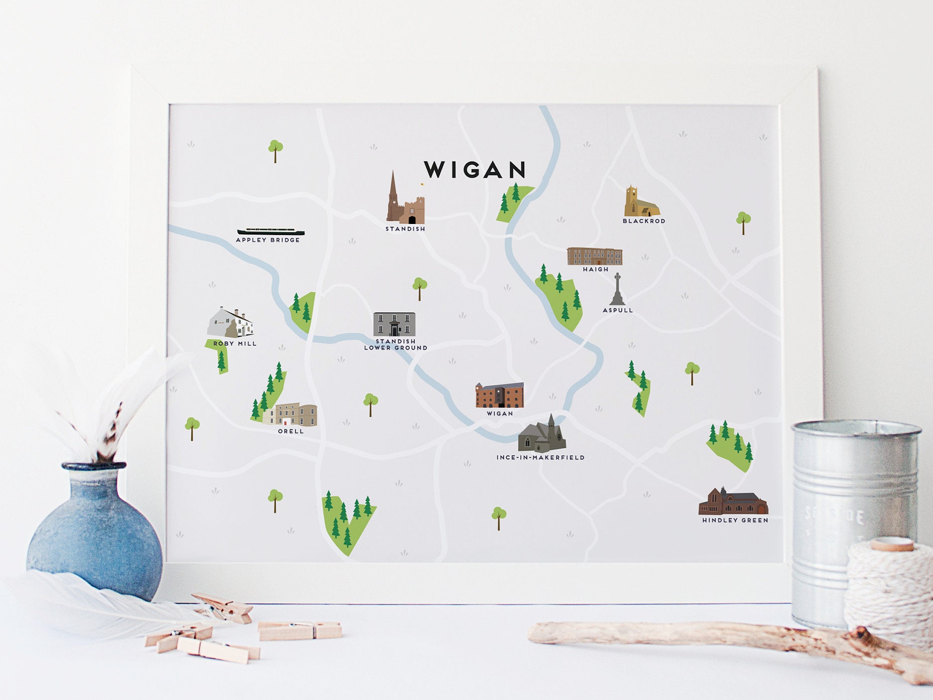 Wigan Map - Illustrated Map of Wigan Print / Travel Gifts / Gifts for ...