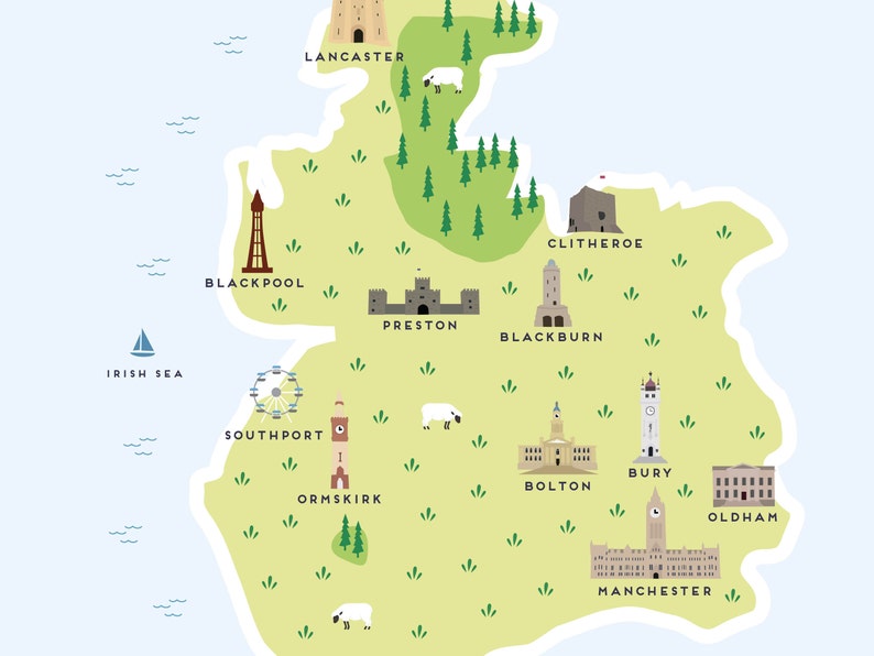Lancashire Map Illustrated Map of Lancashire Print / Travel - Etsy UK