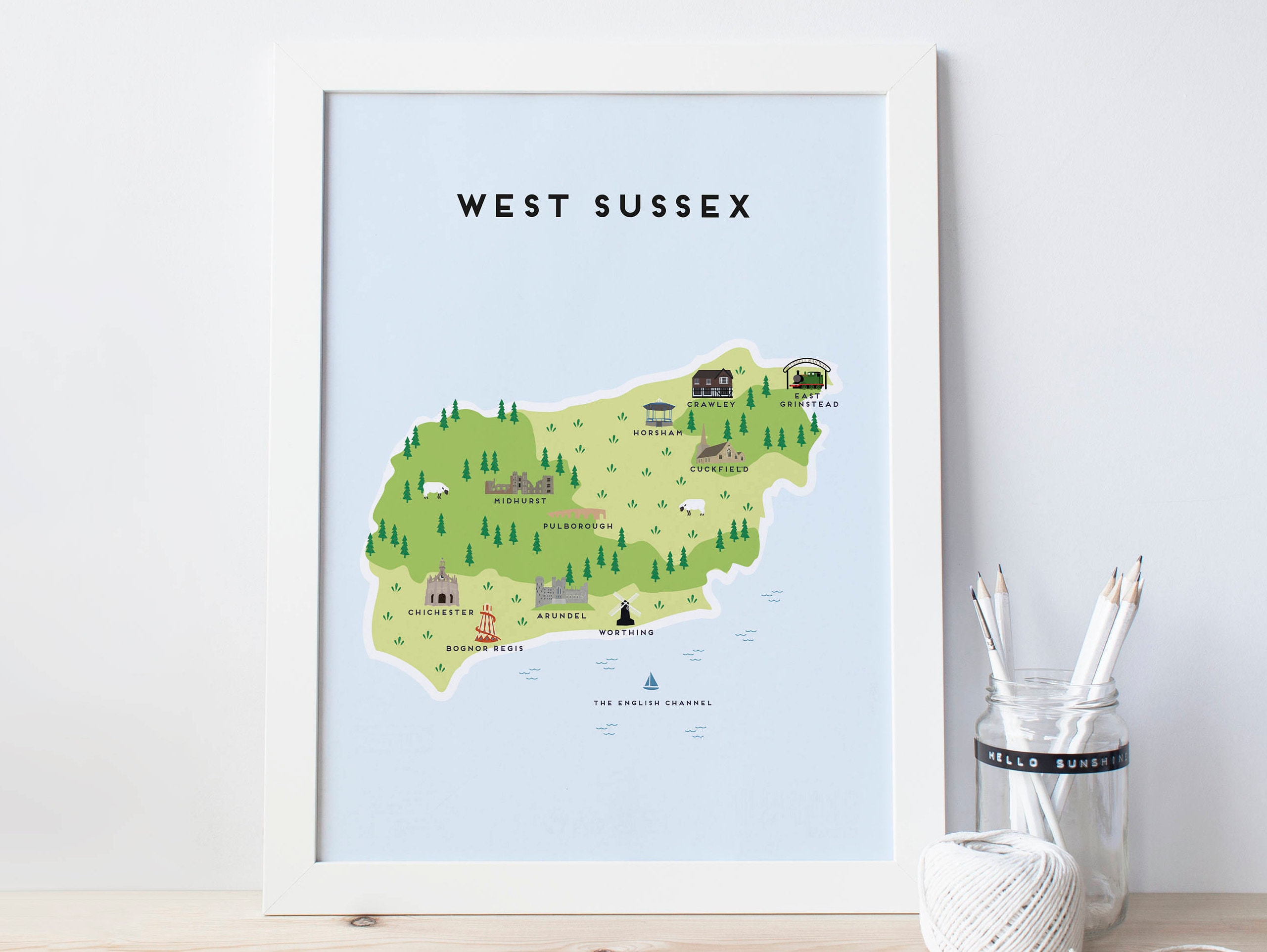 West Sussex Map - Illustrated Map of West Sussex Print / Travel Gifts ...