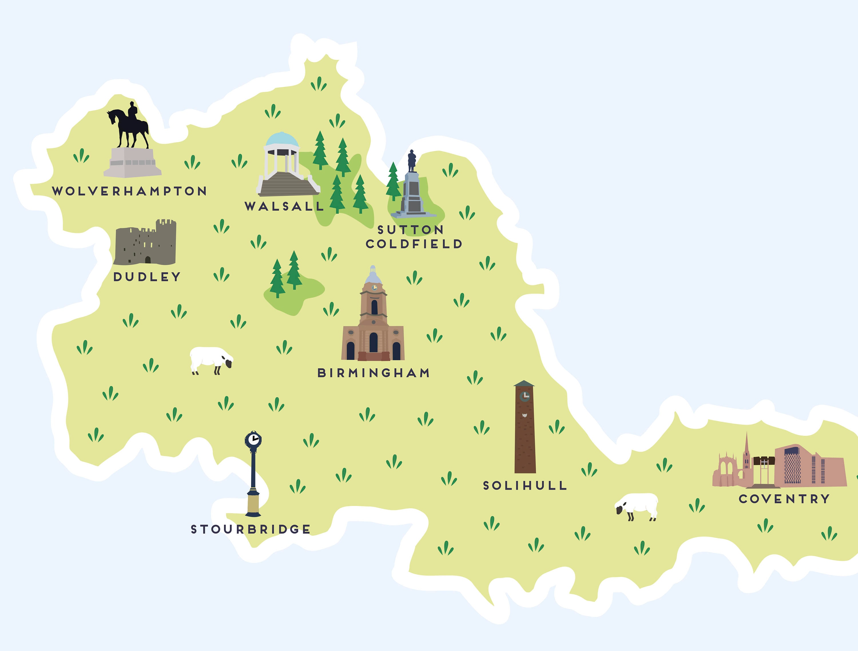 West Midlands Map Illustrated Map of the West Midlands Print | Etsy UK