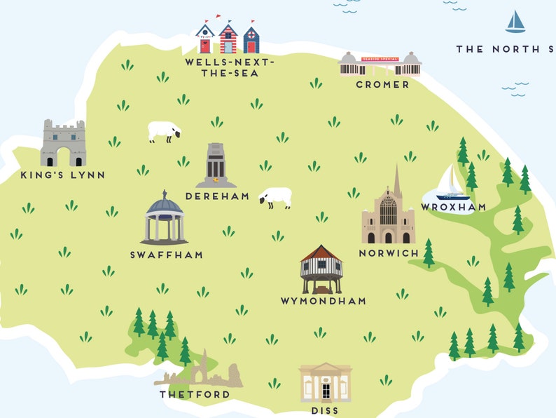 Norfolk Map Illustrated Map of Norfolk Print / Travel Gifts - Etsy UK