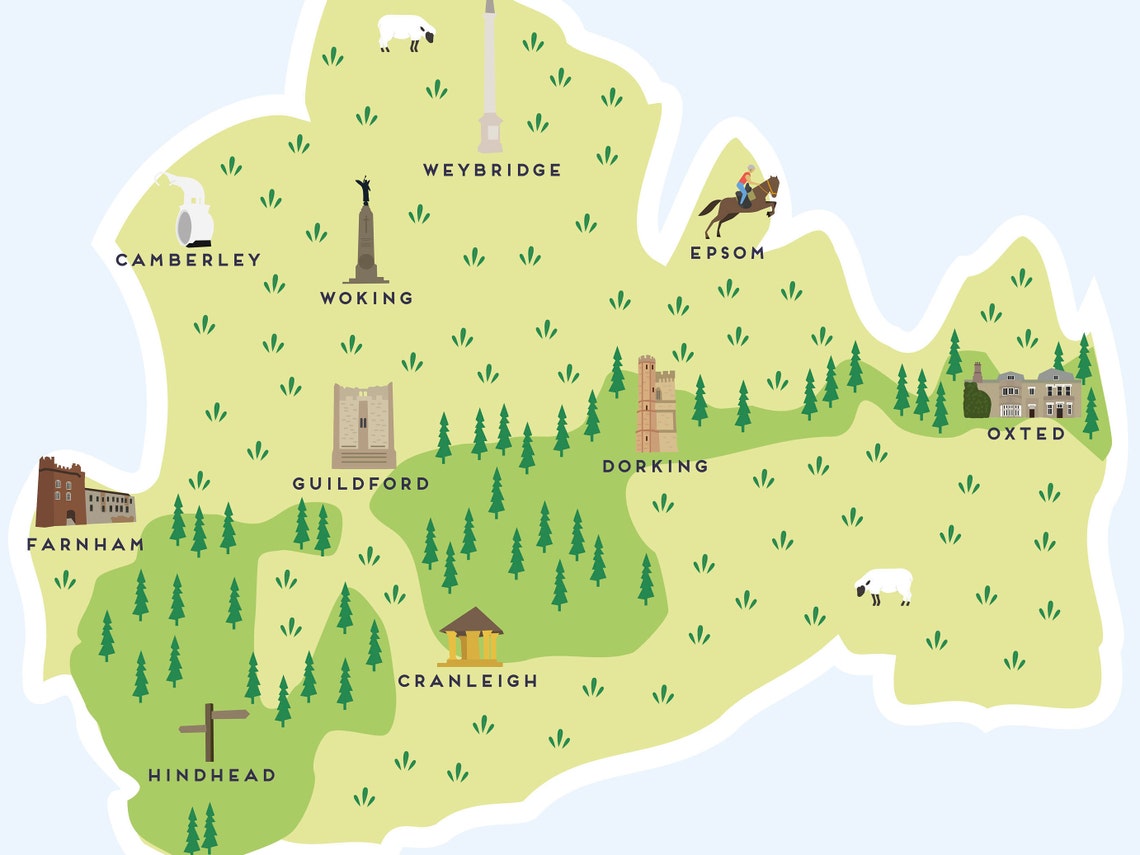Surrey Map Illustrated Map of Surrey Print / Travel Gifts / | Etsy UK