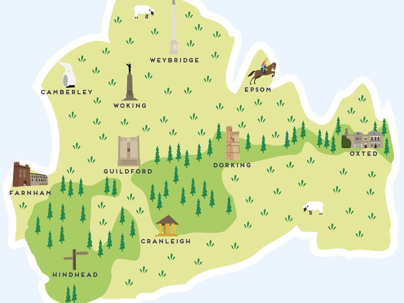 Surrey Map Illustrated Map of Surrey Print / Travel Gifts / | Etsy UK