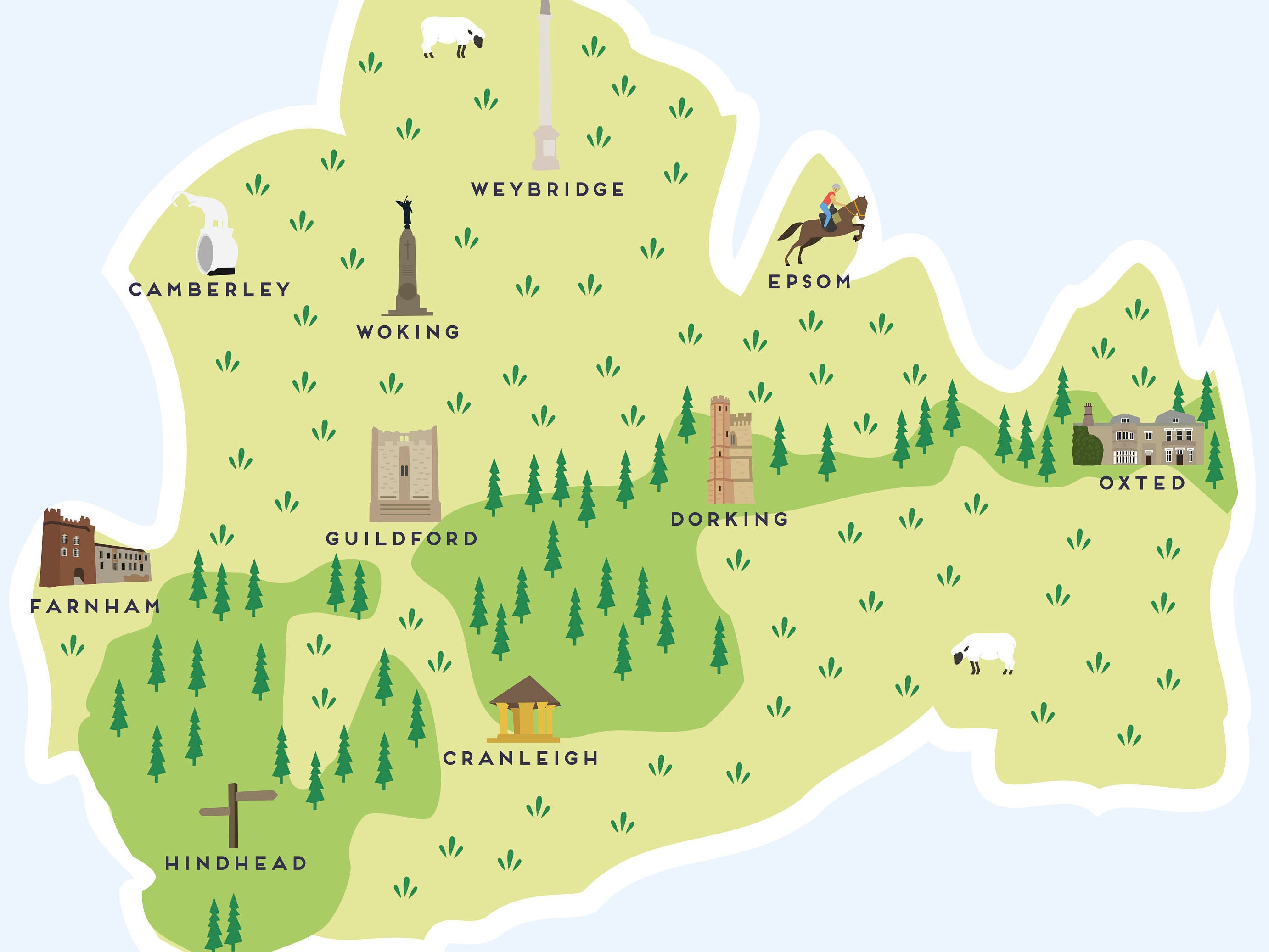 Surrey Map Illustrated Map of Surrey Print / Travel Gifts / - Etsy UK