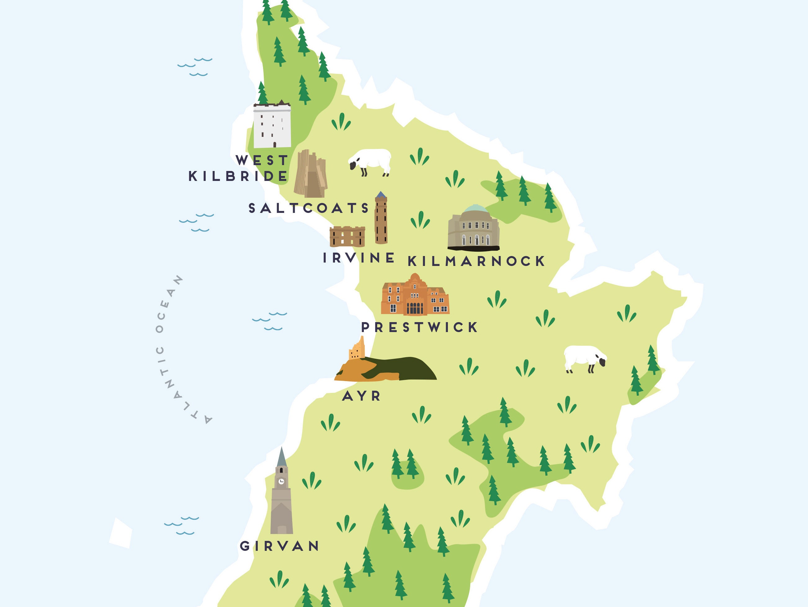 Ayrshire Map Illustrated Map of Ayrshire Print / Travel - Etsy UK