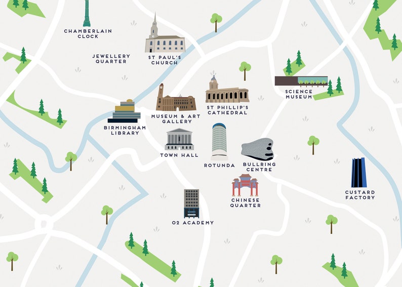 Birmingham Map Illustrated Map of Birmingham Print / Travel - Etsy