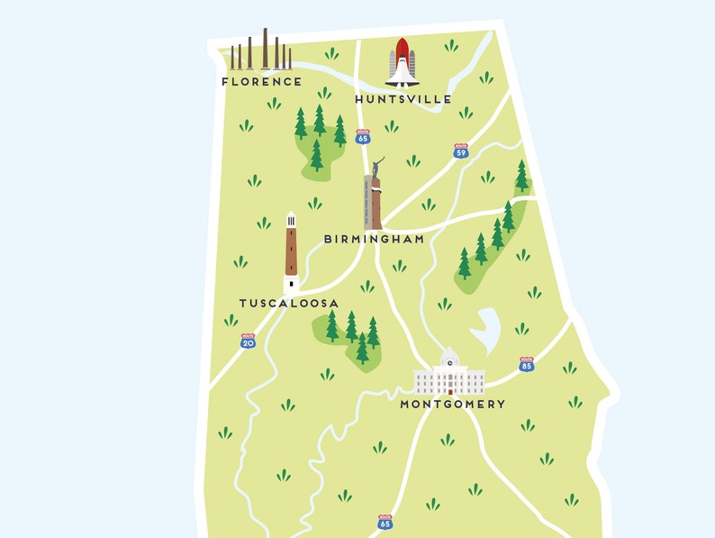 Map of Alabama Illustrated map of Alabama Print / Travel | Etsy
