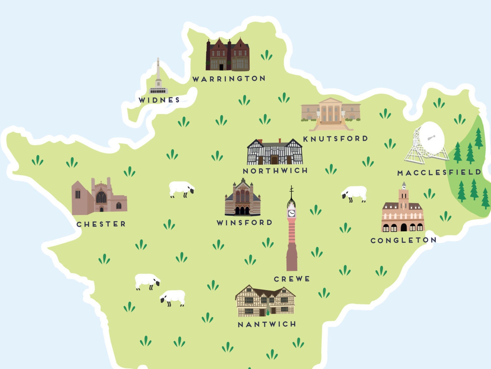 Cheshire Map - Illustrated Map of Cheshire Print / Travel Gifts / Gifts ...