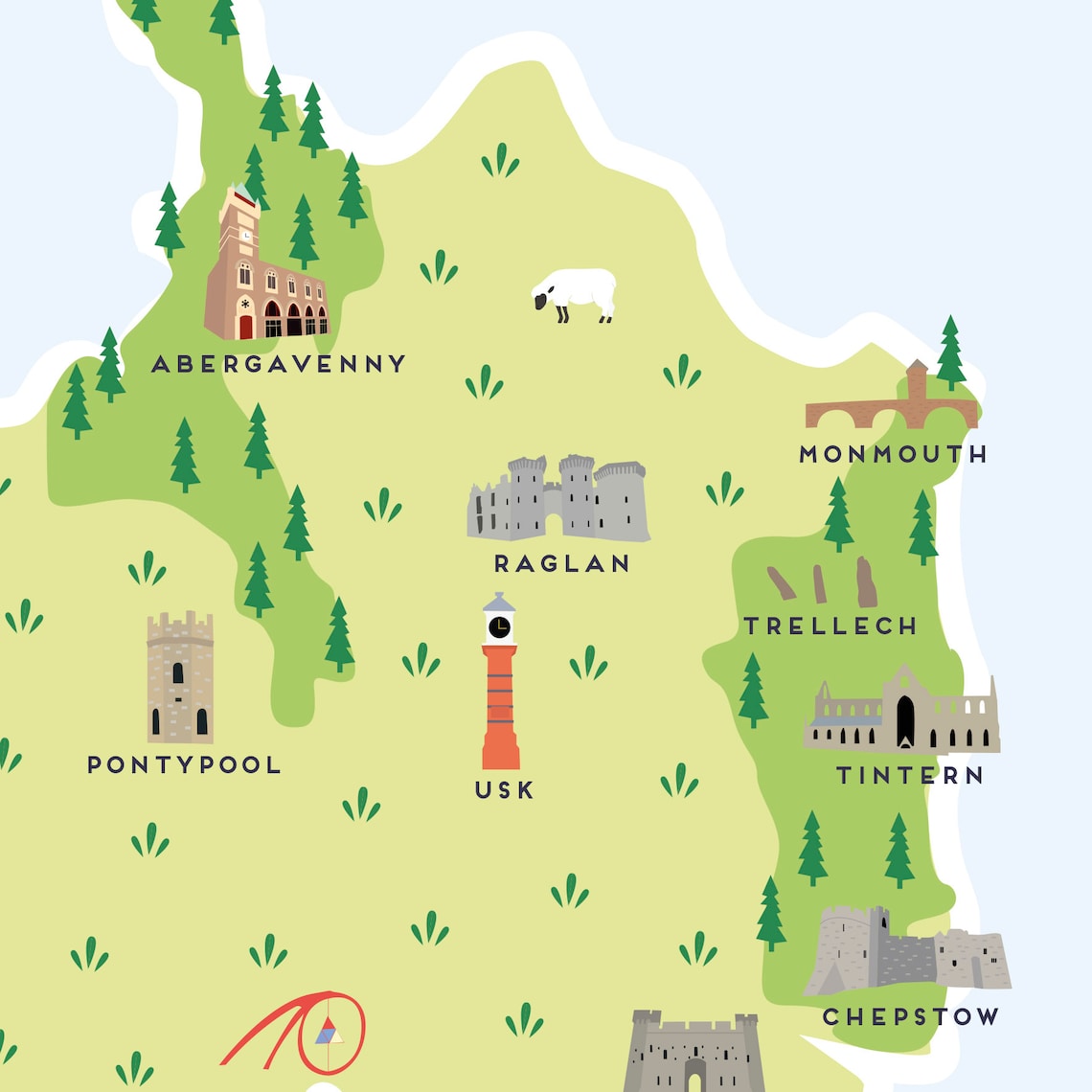 Monmouthshire Map - Illustrated Map of Monmouthshire Print / Travel ...