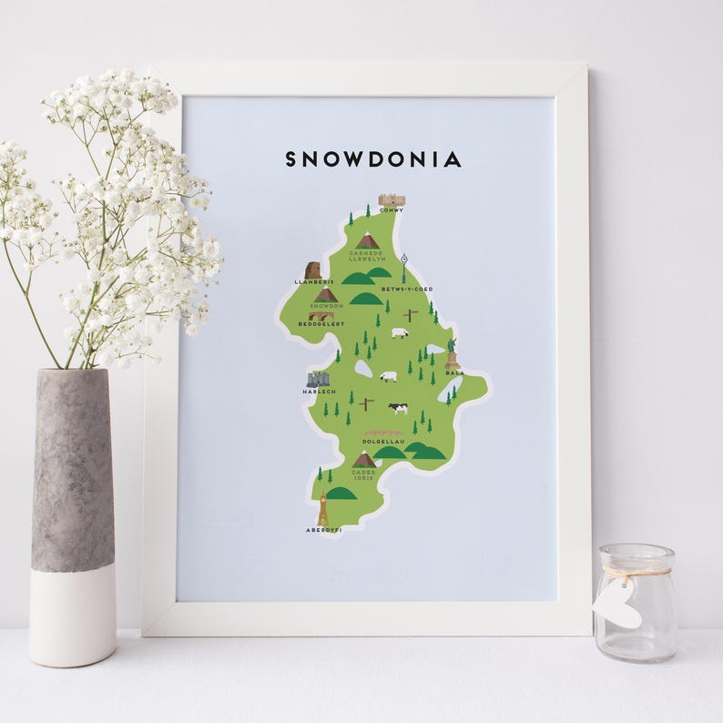 Snowdonia Map - Illustrated Map of Snowdonia / Eryri Print / Travel ...