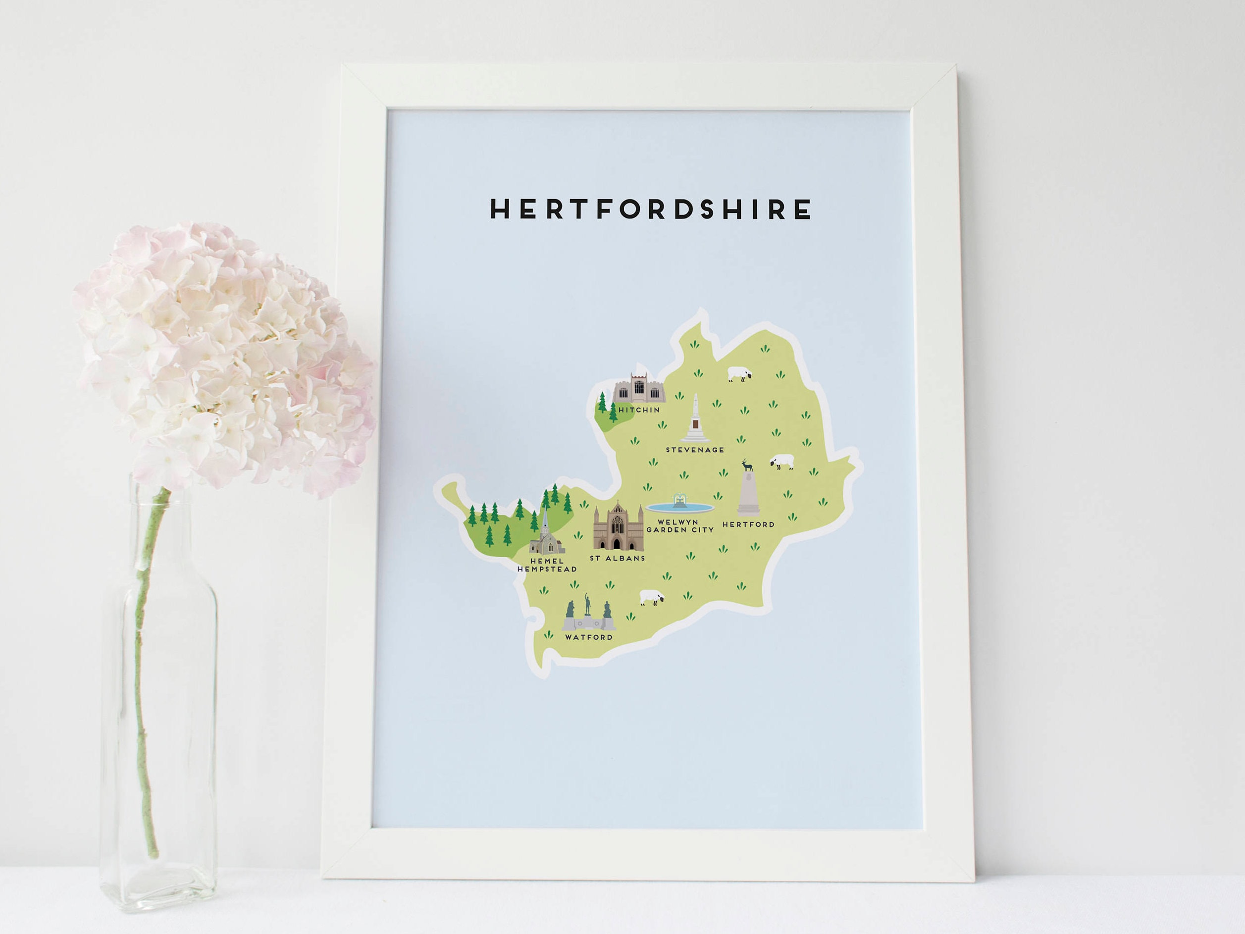 Hertfordshire Map - Illustrated Map of Hertfordshire Print / Travel ...