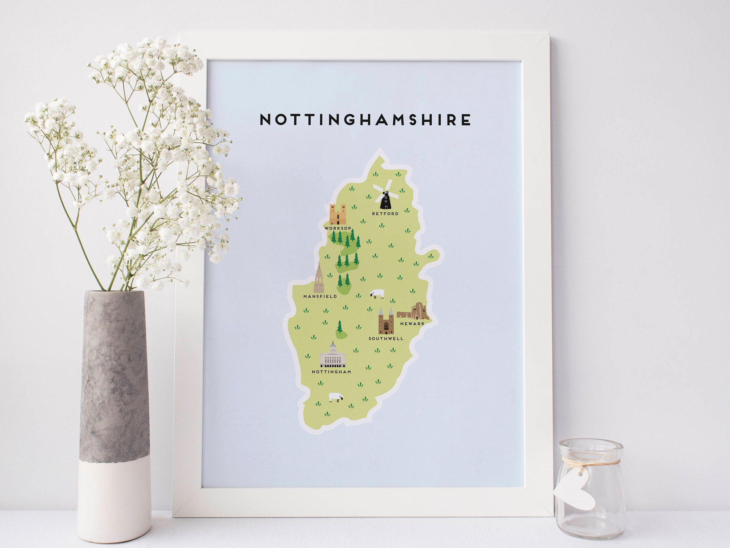 Nottinghamshire Map - Illustrated Map of Nottinghamshire Print / Travel ...