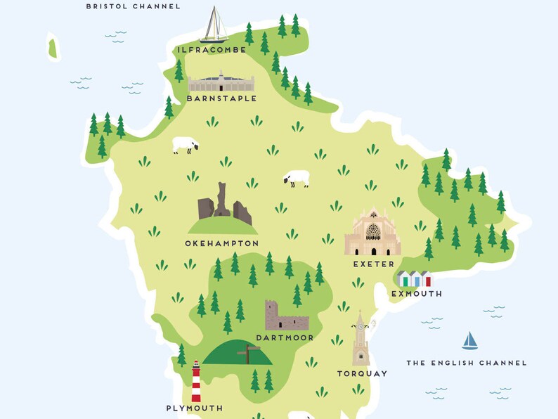Devon Map Illustrated Map Of Devon Print Travel Ts Etsy