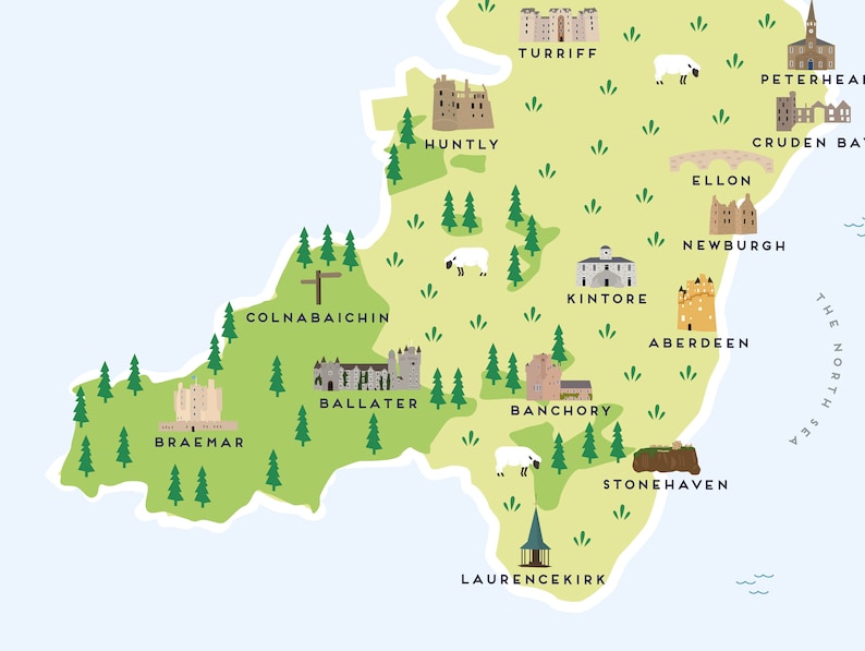 Aberdeenshire Map Illustrated Map of Aberdeenshire Print / | Etsy