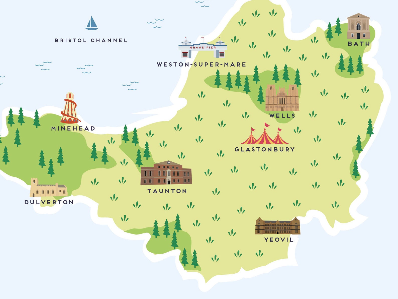 Somerset Map - Illustrated Map of Somerset Print / Travel Gifts / Gifts ...