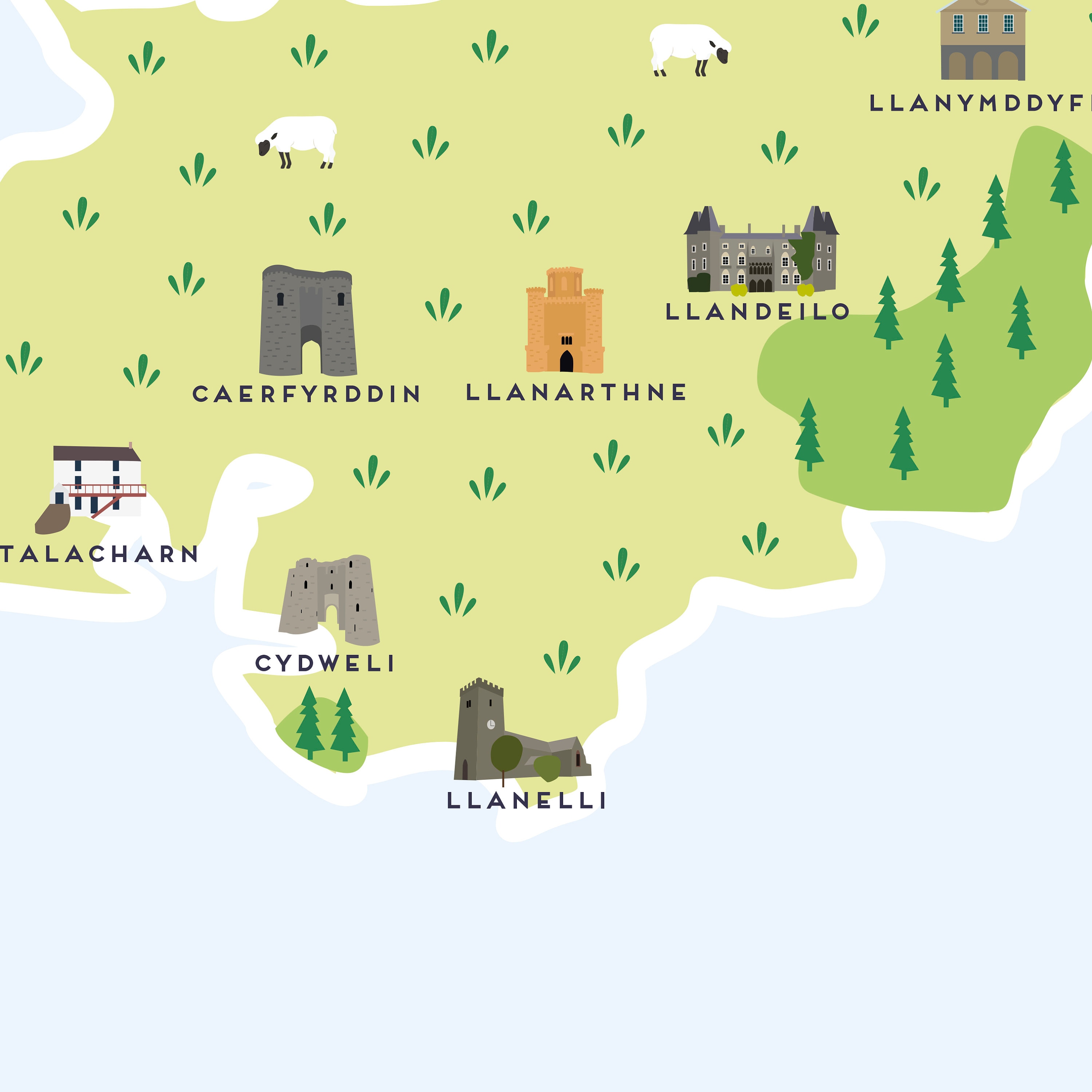 Carmarthenshire Map Illustrated Map of Carmarthenshire Print - Etsy UK