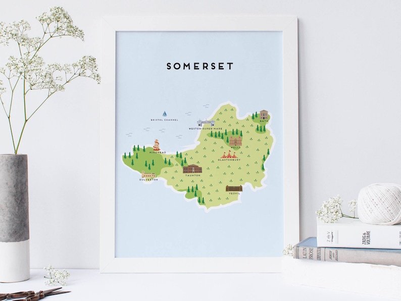 Somerset Map - Illustrated Map of Somerset Print / Travel Gifts / Gifts ...