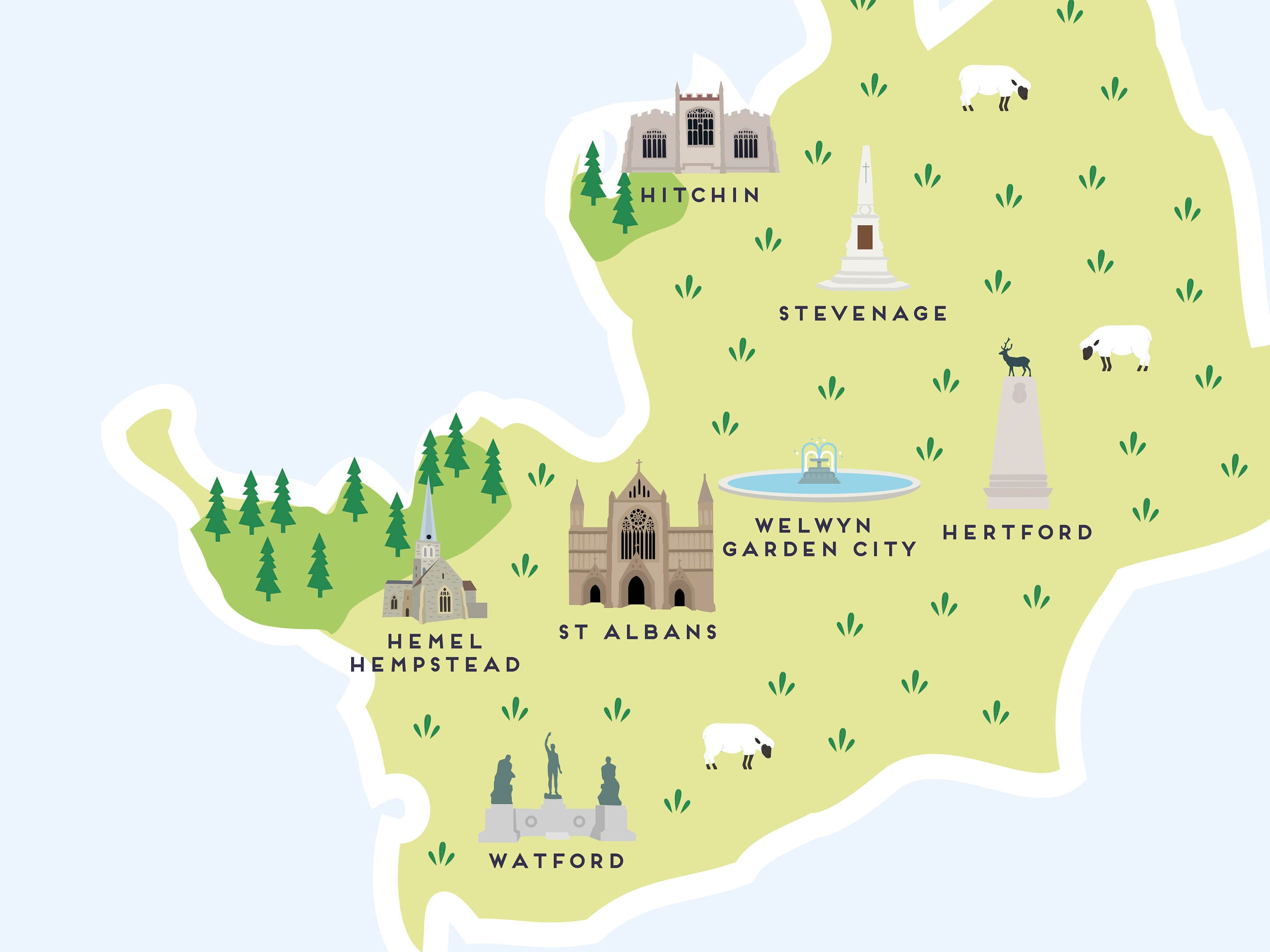 Hertfordshire Map Illustrated Map of Hertfordshire Print / - Etsy UK