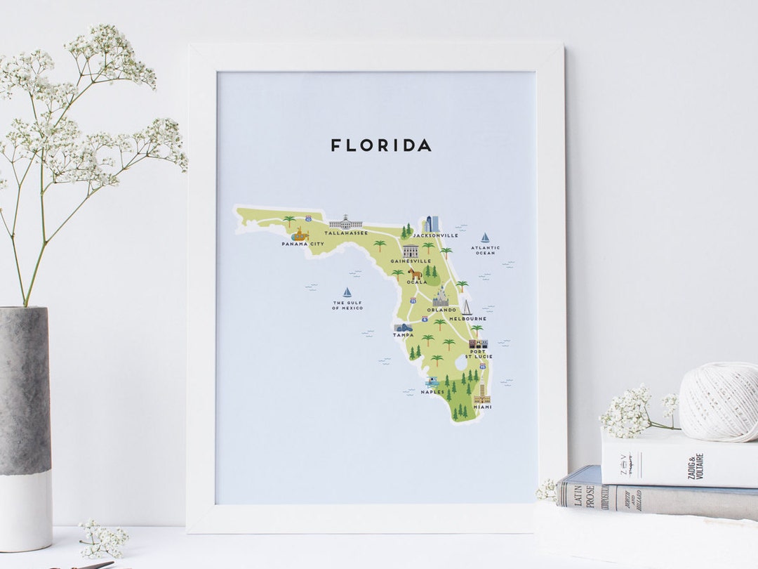 Florida Map - Illustrated Map of Florida Print / Travel Gifts / Gifts ...