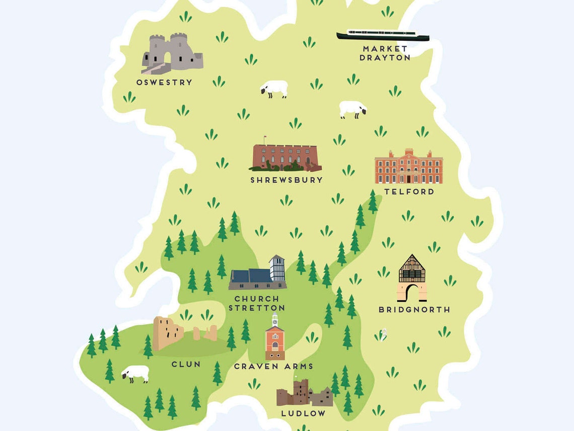 Shropshire Map Illustrated Map of Shopshire Print / Travel - Etsy UK