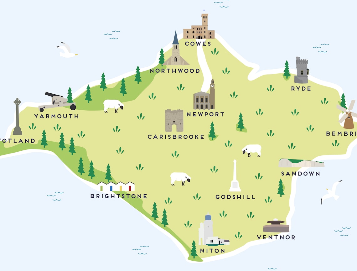 The Isle of Wight Map Illustrated map of The Isle of Wight | Etsy
