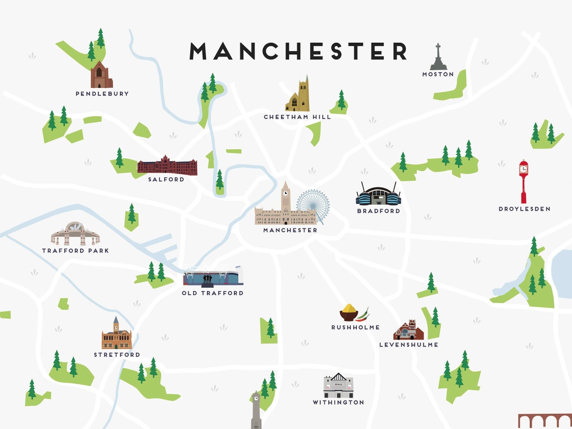 Manchester Map Illustrated Map of Manchester Print / Travel - Etsy UK