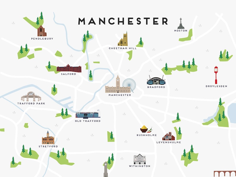 Manchester Map Illustrated Map of Manchester Print / Travel - Etsy UK