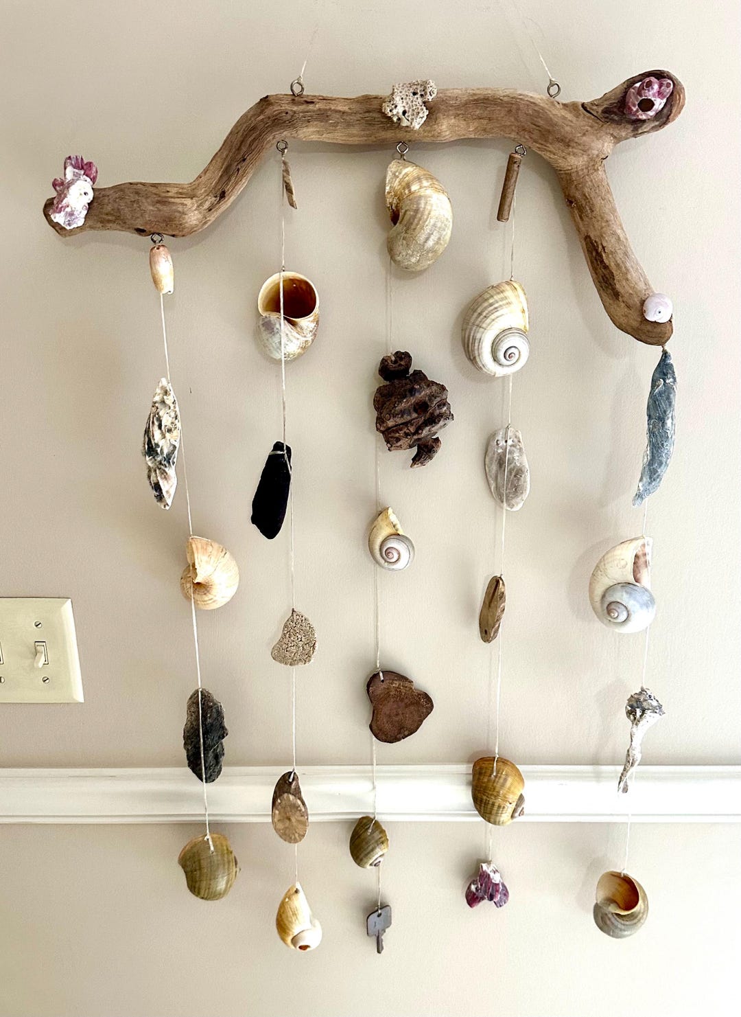 Large Snail Sea Shell and Driftwood Wind Chime, Deck or Porch ...