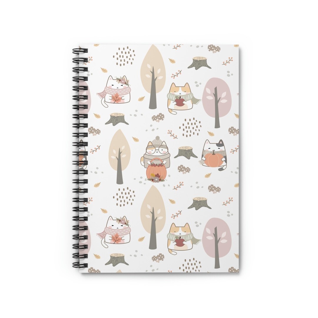 Autumn Trees, Leaves & Apples Cat Pattern, Spiral Notebook Rule Line ...