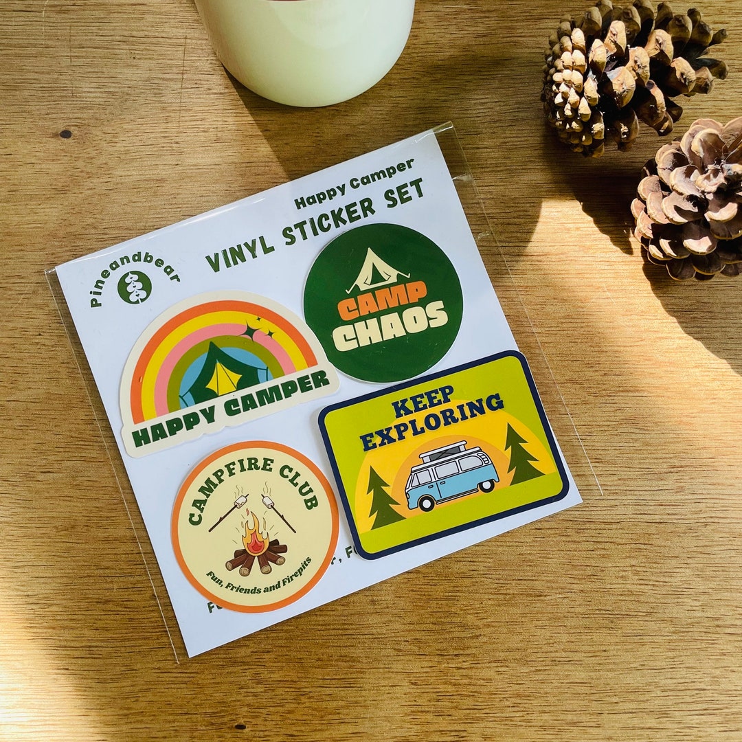 Happy Camper Vinyl Sticker Pack, Set of 4 Camping Stickers, Waterproof ...