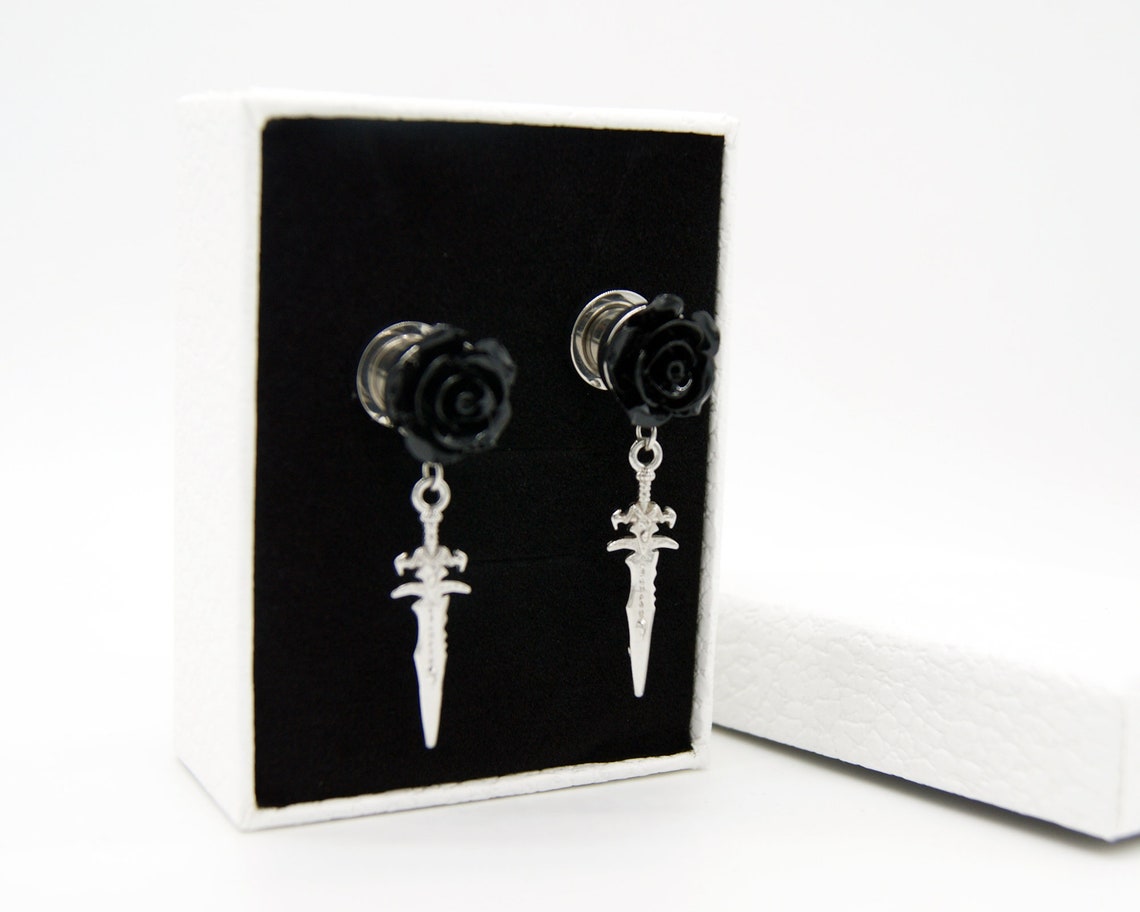 Black Rose Sword Plugs Gauges / 16g, 8g, 6g, 4g, 2g, 0g, 00g, 7/16, 1/2 ...