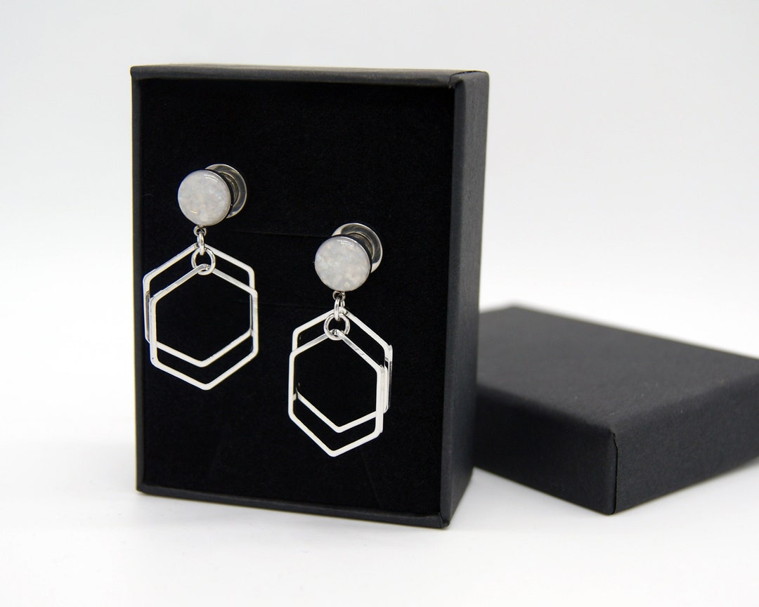 Iridescent Stone Geometric Dangle Plugs /8g ,6g ,4g ,2g ,0g ,00g ,1/2 ...