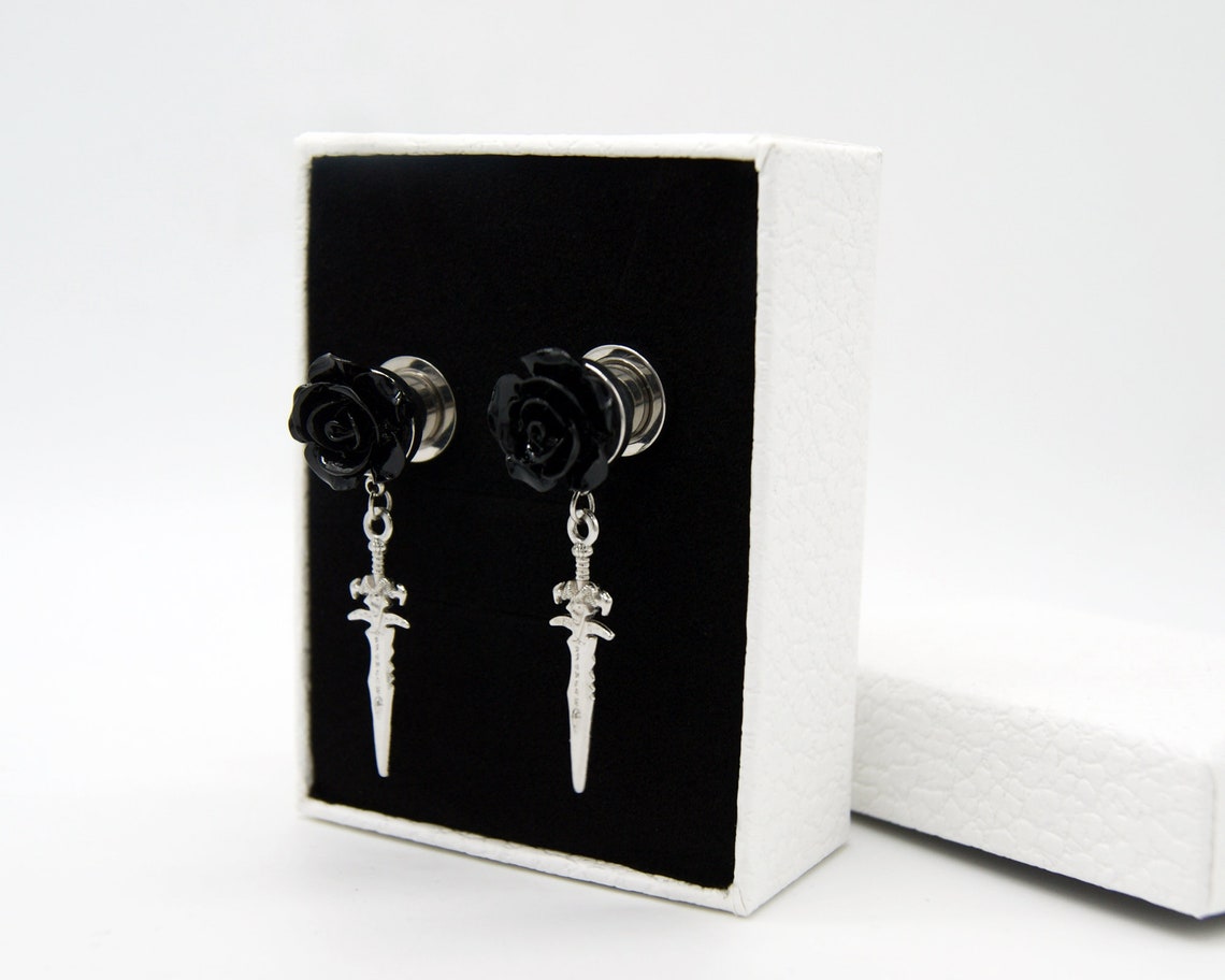 Black Rose Sword Plugs Gauges / 16g, 8g, 6g, 4g, 2g, 0g, 00g, 7/16, 1/2 ...