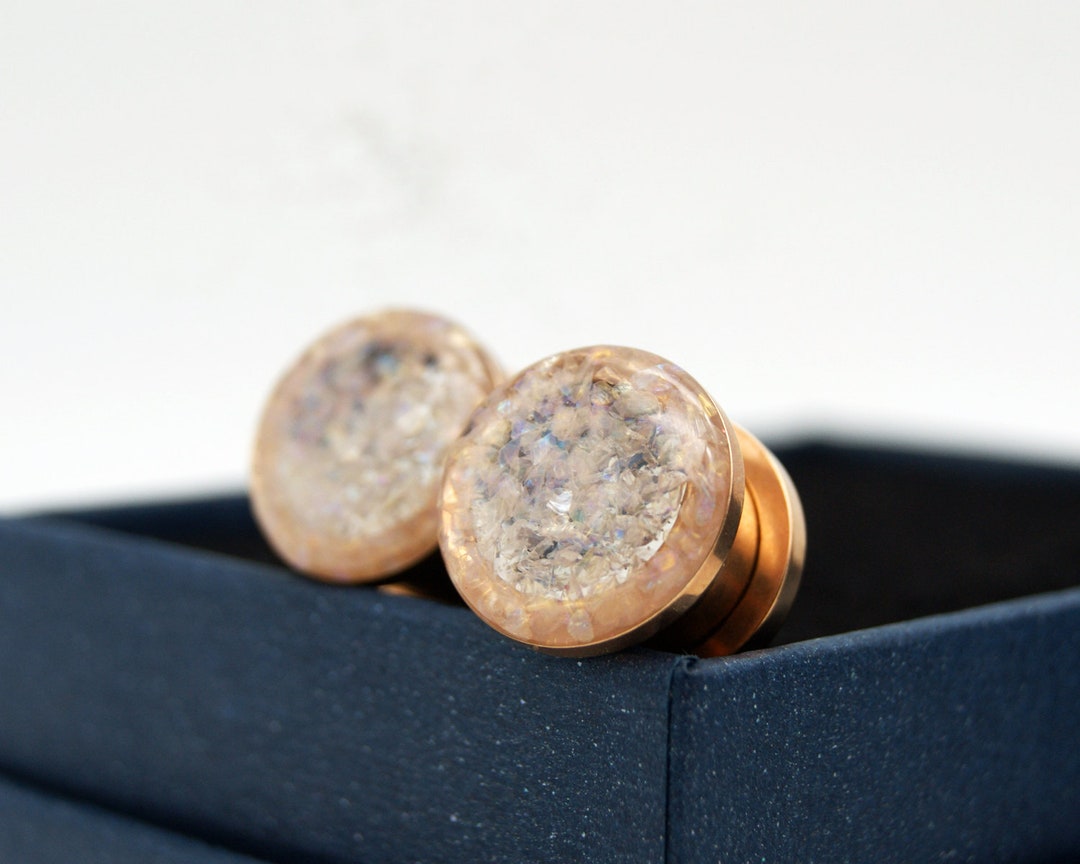 Iridescent Glass Rose Gold Plugs / 16g, 10g, 8g, 6g, 4g, 2g, 0g, 00g, 7 ...