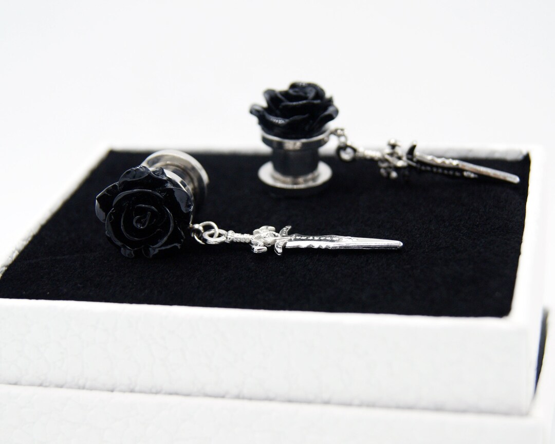 Black Rose Sword Plugs Gauges / 16g, 8g, 6g, 4g, 2g, 0g, 00g, 7/16, 1/2 ...