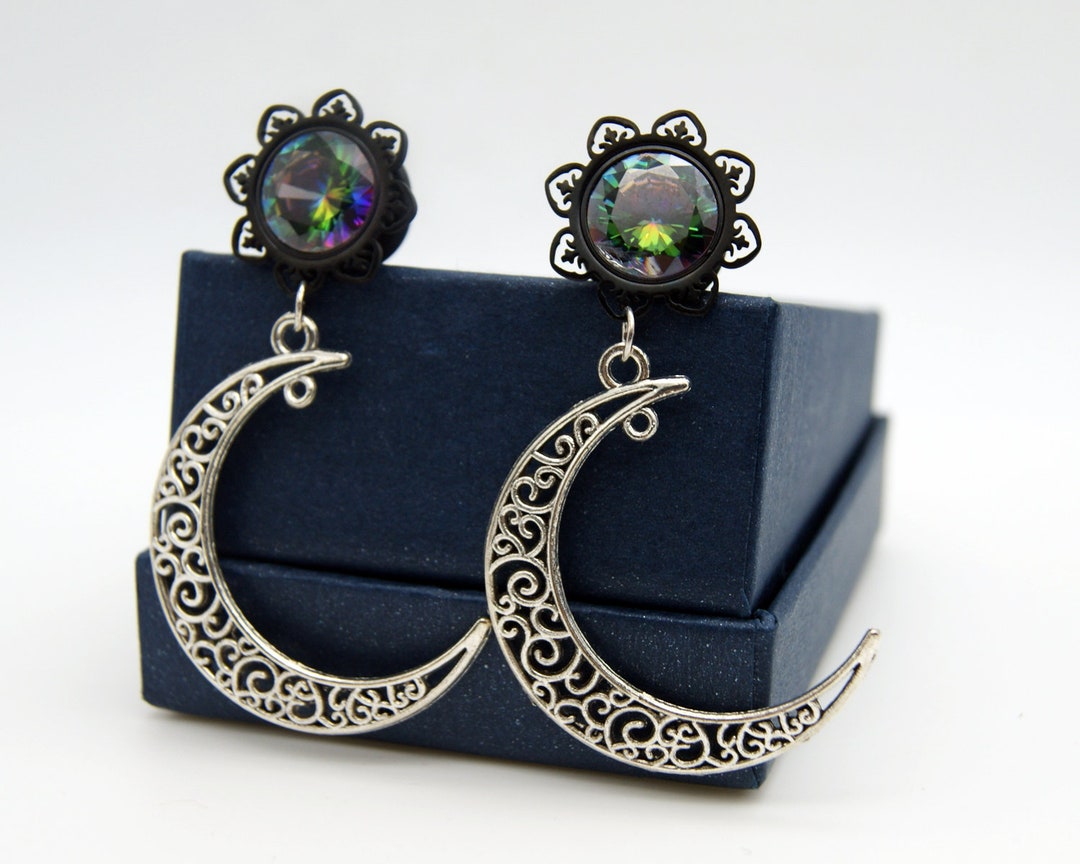 Moon Ear Plugs Gauges - Crystal Dangle Ear Gauge Earrings - Rainbow ...