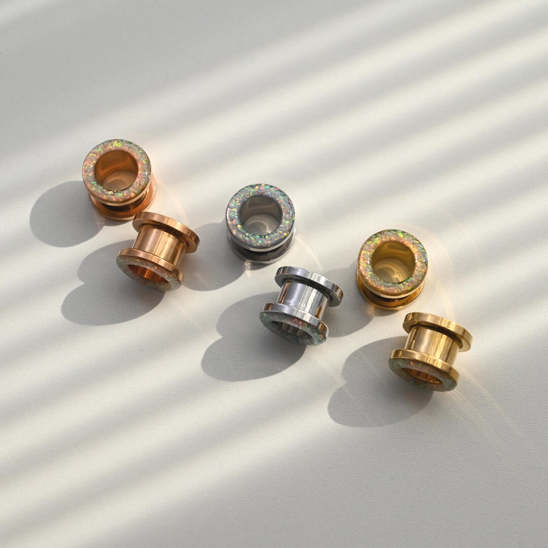 Opal Screw-on Ear Gauges - Piercing Ear Jewelry With Iridescent Opal ...