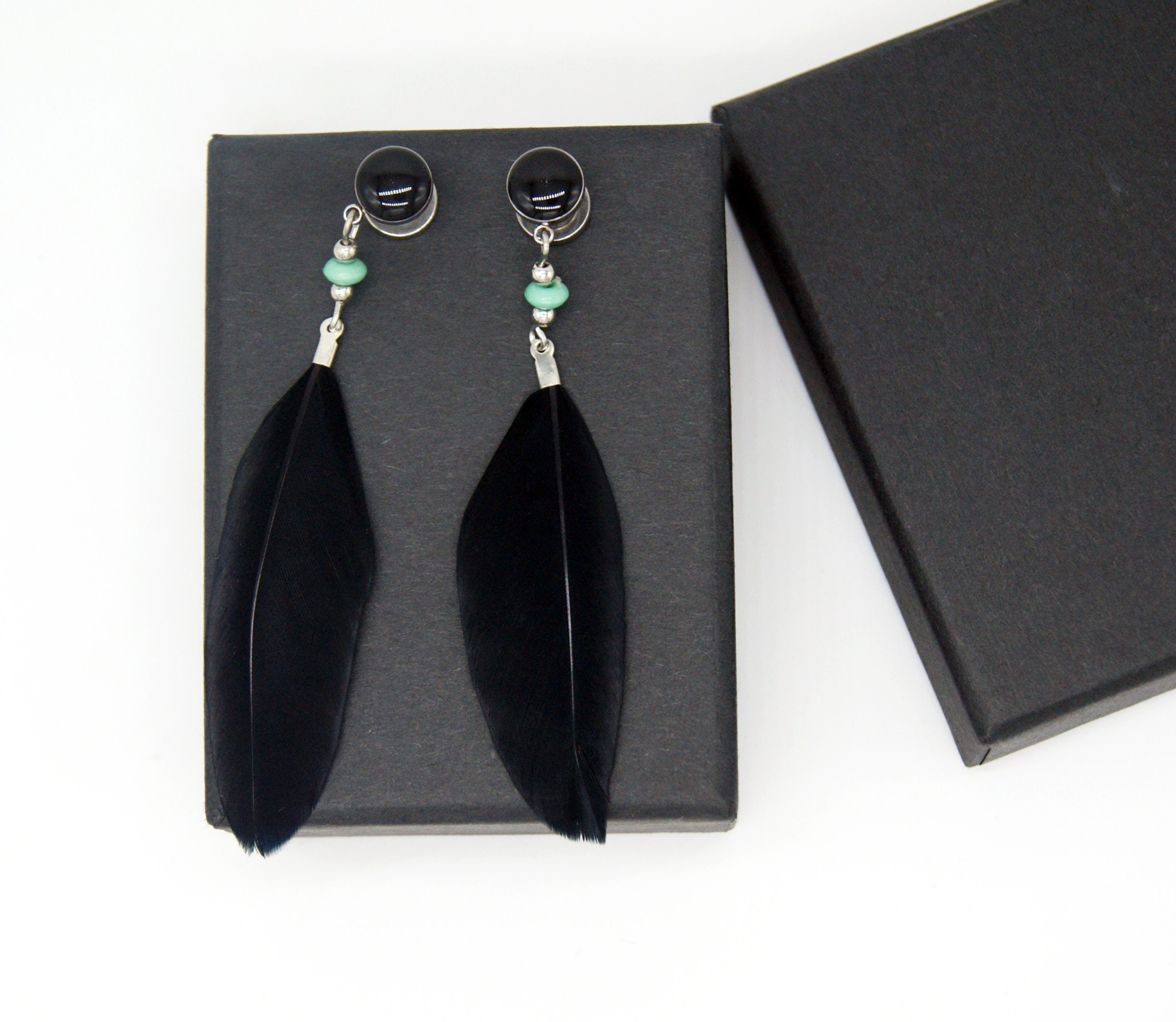 Black Feather Behemia Dangle Plugs victoria Piercing Gauges - Etsy