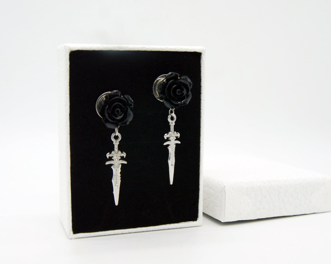 Black Rose Sword Plugs Gauges / 16g, 8g, 6g, 4g, 2g, 0g, 00g, 7/16, 1/2 ...