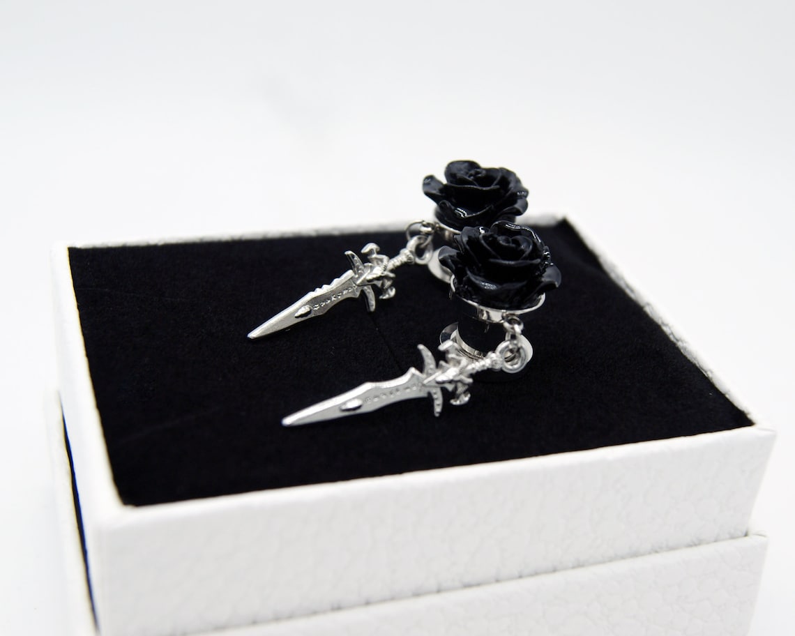 Black Rose Sword Plugs Gauges / 16g, 8g, 6g, 4g, 2g, 0g, 00g, 7/16, 1/2 ...