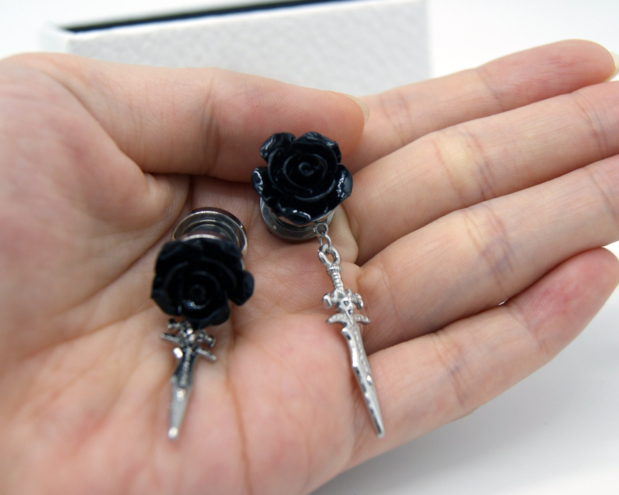 Black Rose Sword Plugs Gauges / 16g, 8g, 6g, 4g, 2g, 0g, 00g, 7/16, 1/2 ...