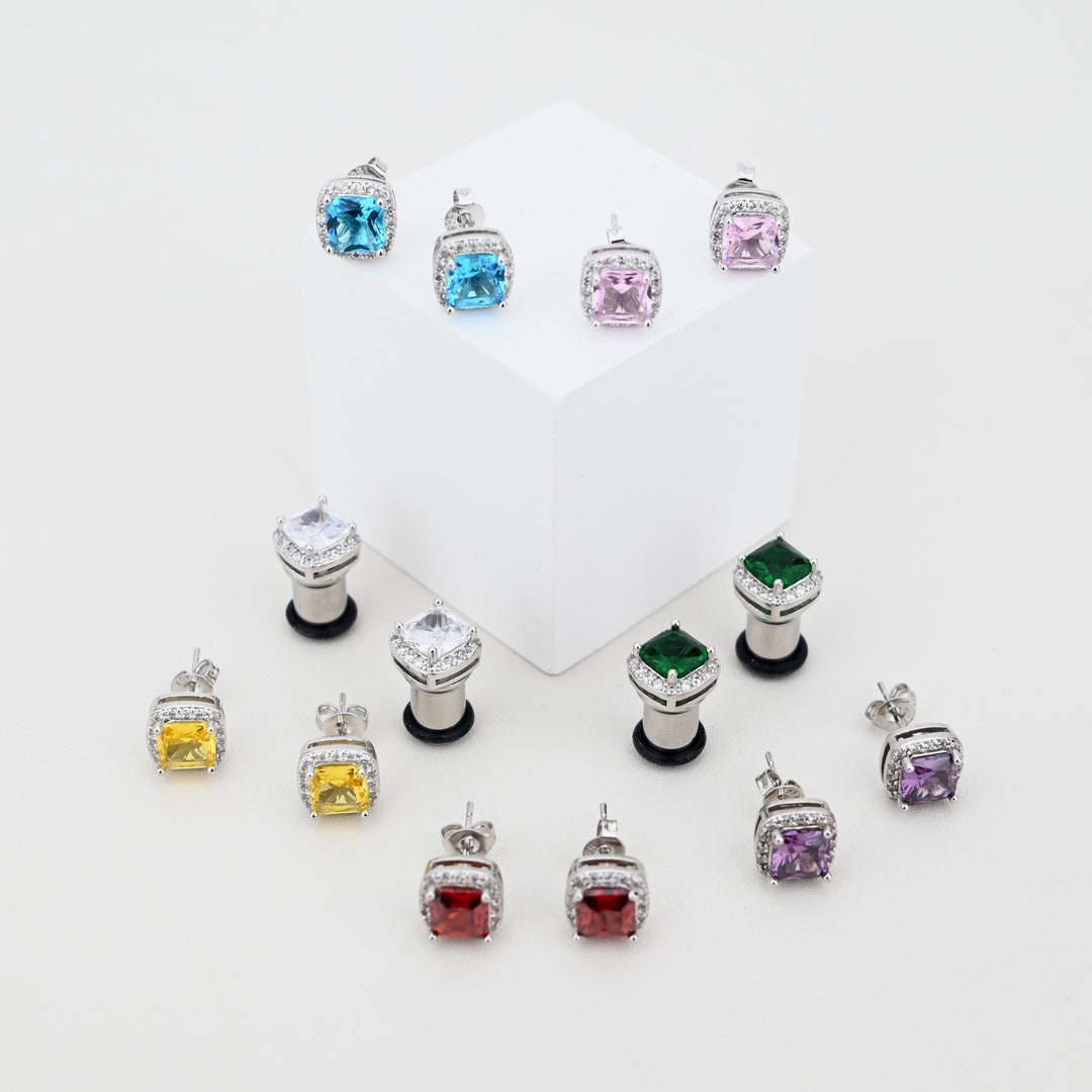 Crystal Plugs Square CZ Halo Stud White Gold Silver Wedding Plugs for ...