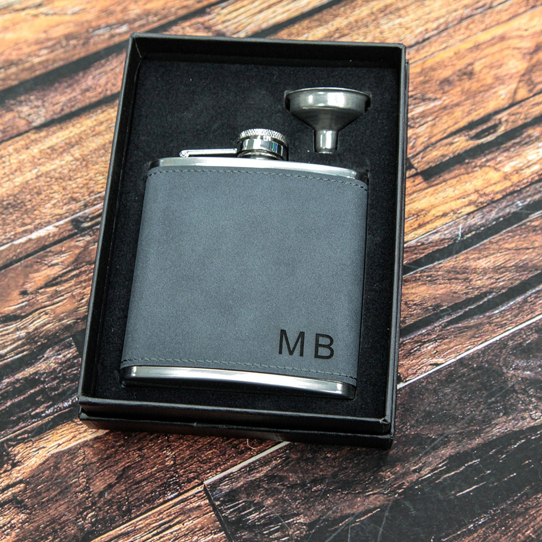 Mens Personalised Hip Flask Set -groomsmen Gift - Suede Effect Hip ...
