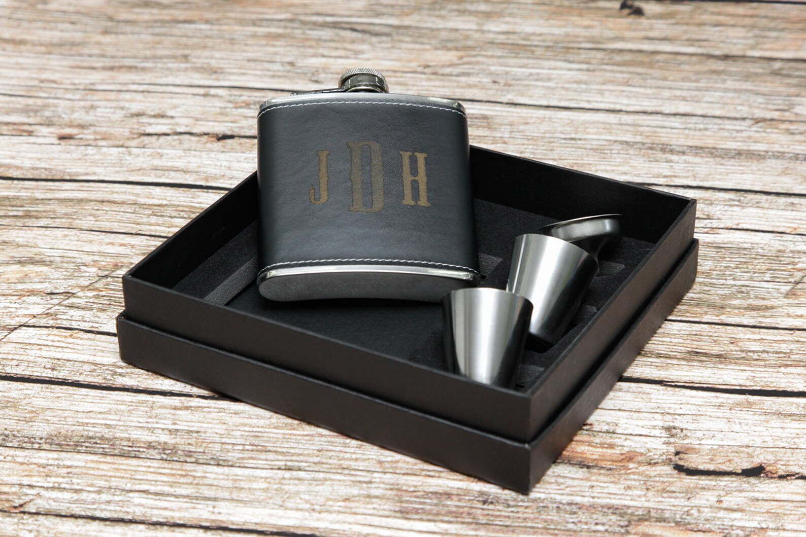 Personalised Black Leather Style Hip Flask Funnel Cup Gift Set FREE ...
