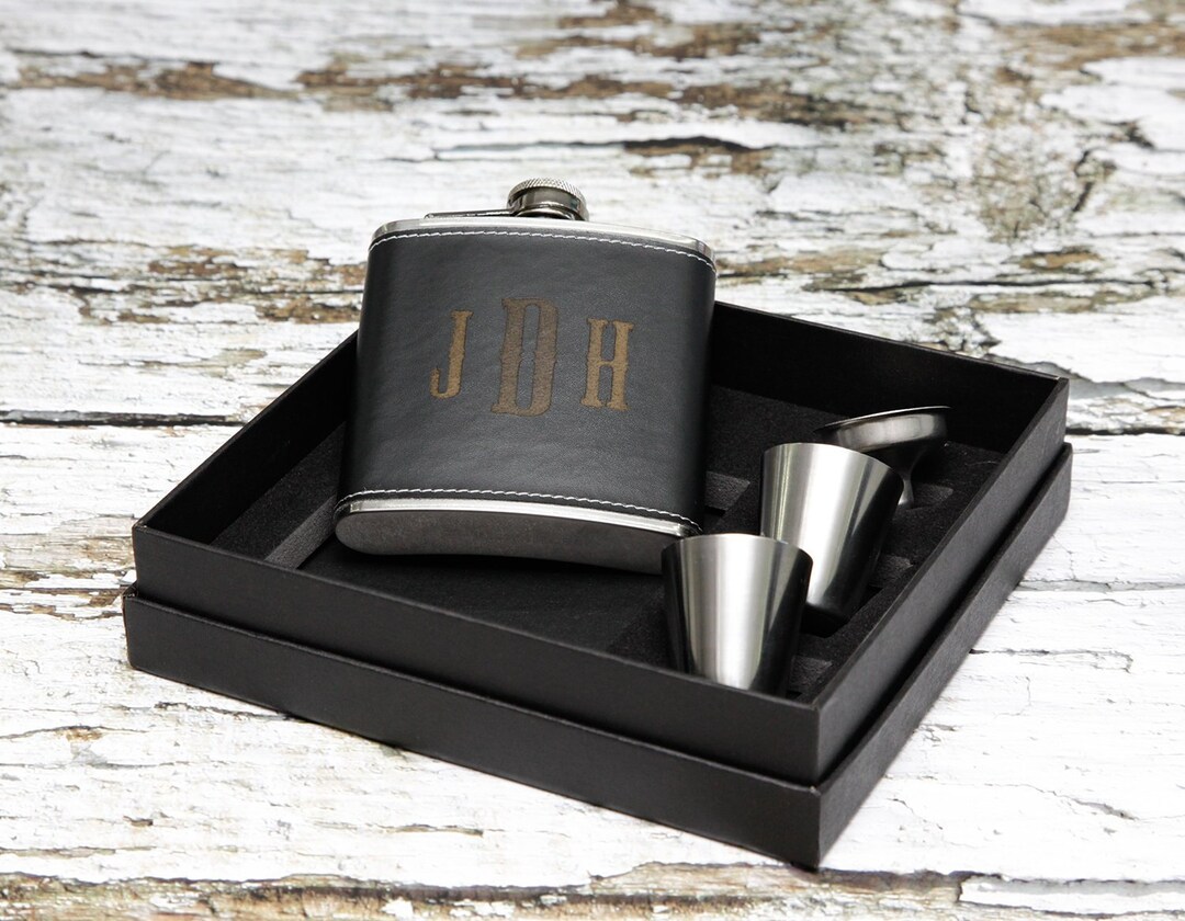 Personalised Black Leather Style Hip Flask Funnel Cup Gift Set FREE ...