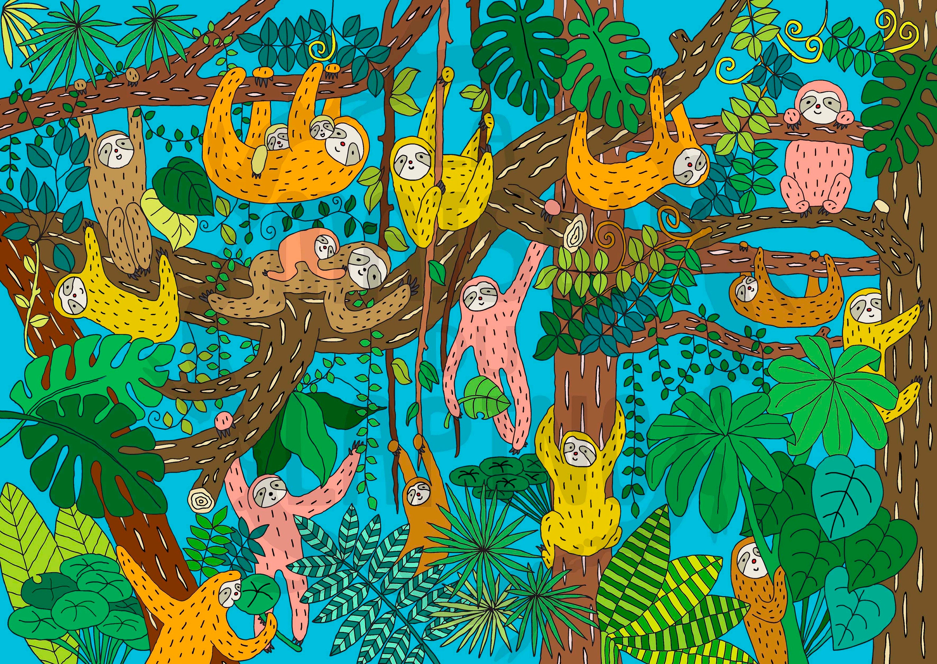 Happy Sloths Tropical Forest Art Print - Etsy