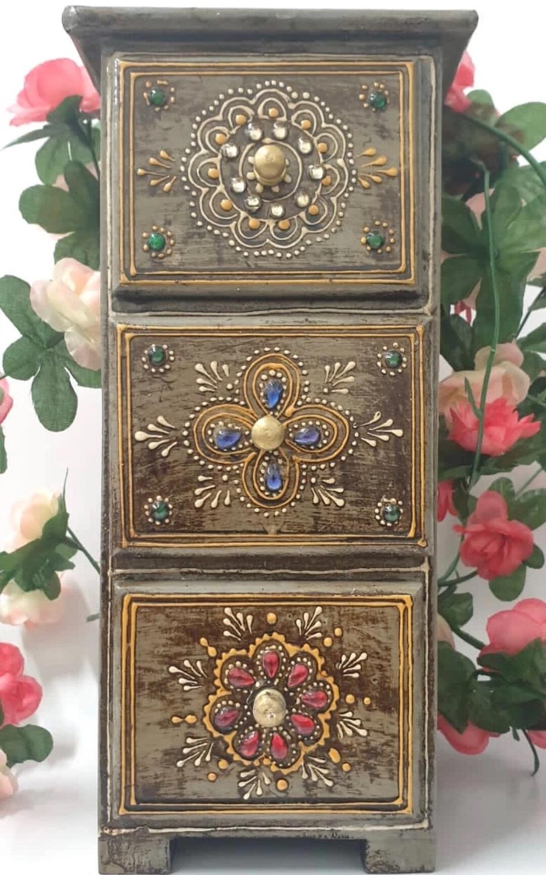 Handcrafted Indian Wooden Chest – Vintage Floral Gem Inlay, 3 Drawer ...
